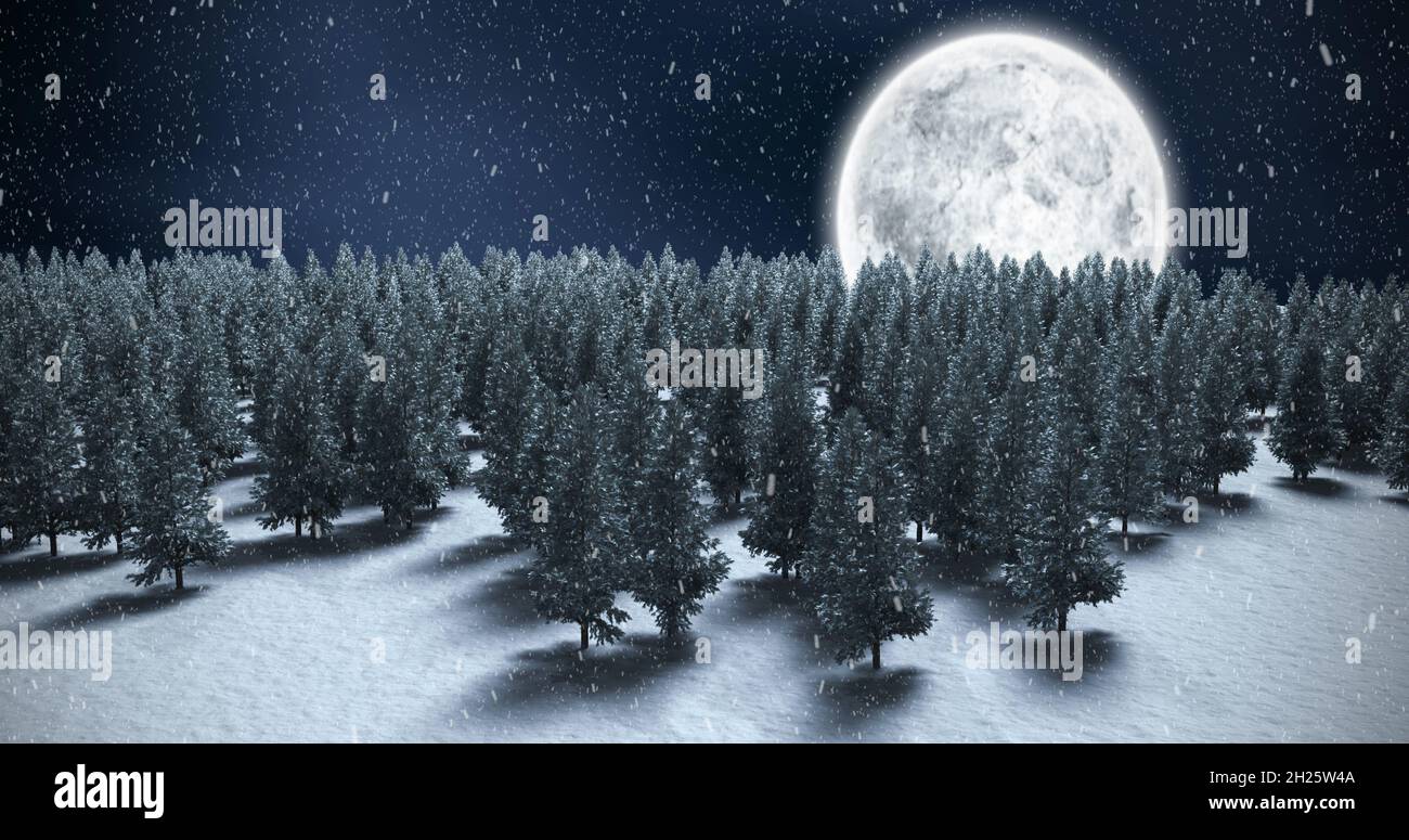 Image of snow falling over winter night landscape with fir trees Stock ...