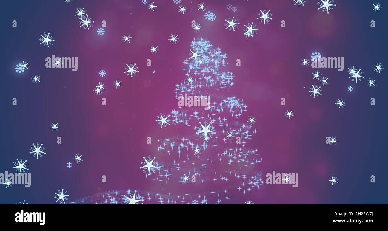 Image of christmas tree and shooting star with snow falling Stock Photo ...