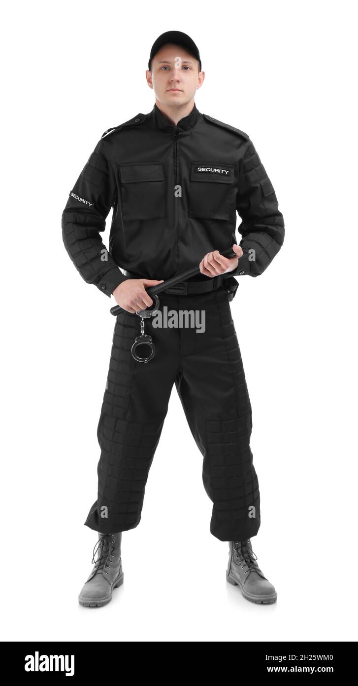 Male security guard with police baton on white background Stock Photo ...