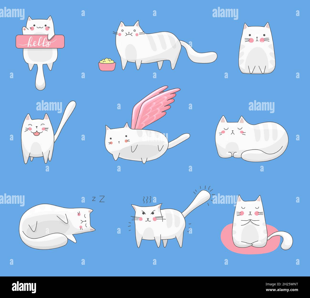 Set of vector cartoon stickers with cats with different emotions and ...