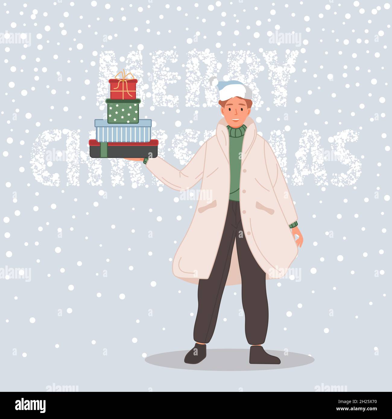 Happy man with Christmas gifts. Male wearing in santa hat on snow ...