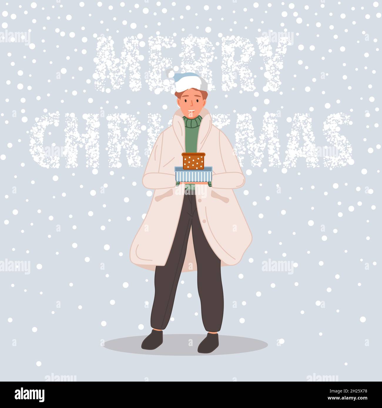 Happy man with Christmas gifts. Male wearing in santa hat on snow ...