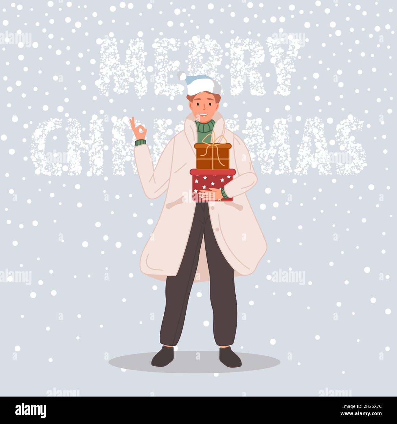 Happy man with Christmas gifts. Male wearing in santa hat on snow ...