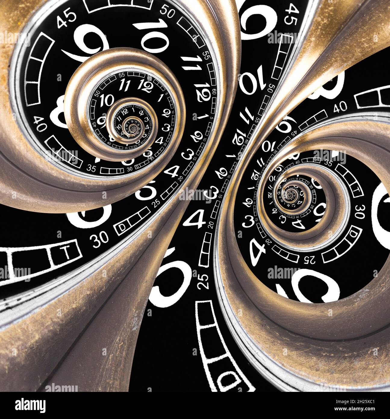 Abstract bronze and black background made of twisted watch faces ...