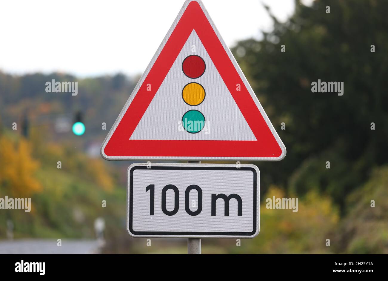 20 October 2021, Bavaria, Würzburg: Two signs indicate a traffic light ...