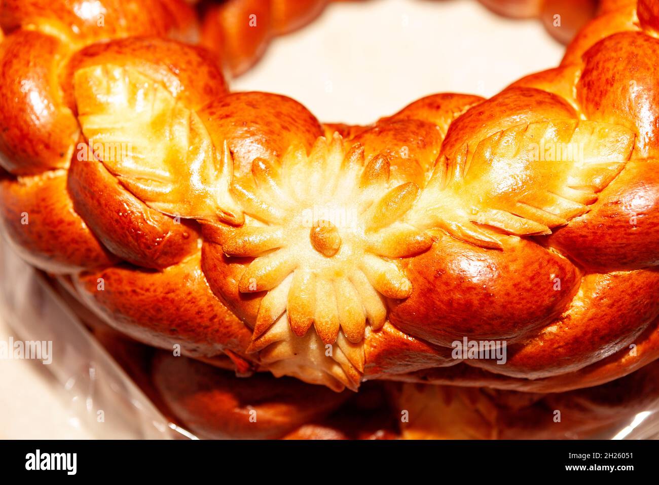 Traditional wedding bread with ornate . Flower made by bread Stock ...