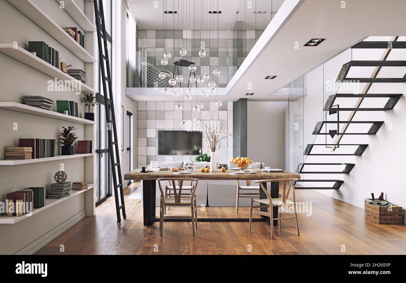 modern living interior design. 3d concept illustration Stock Photo - Alamy