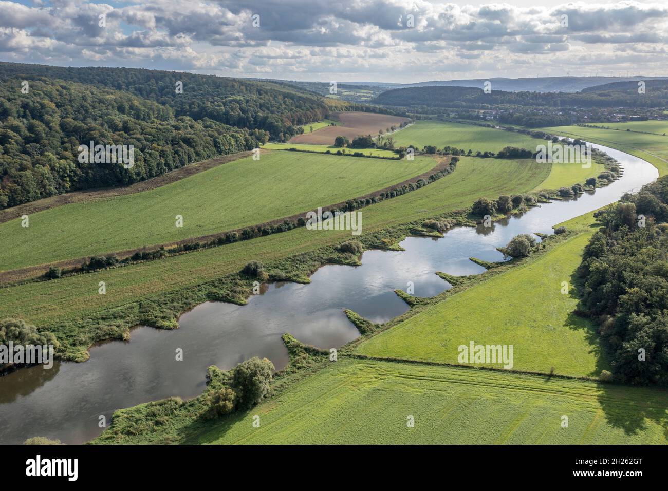 Aerial view of the Weser river south of castle Fuerstenberg ...