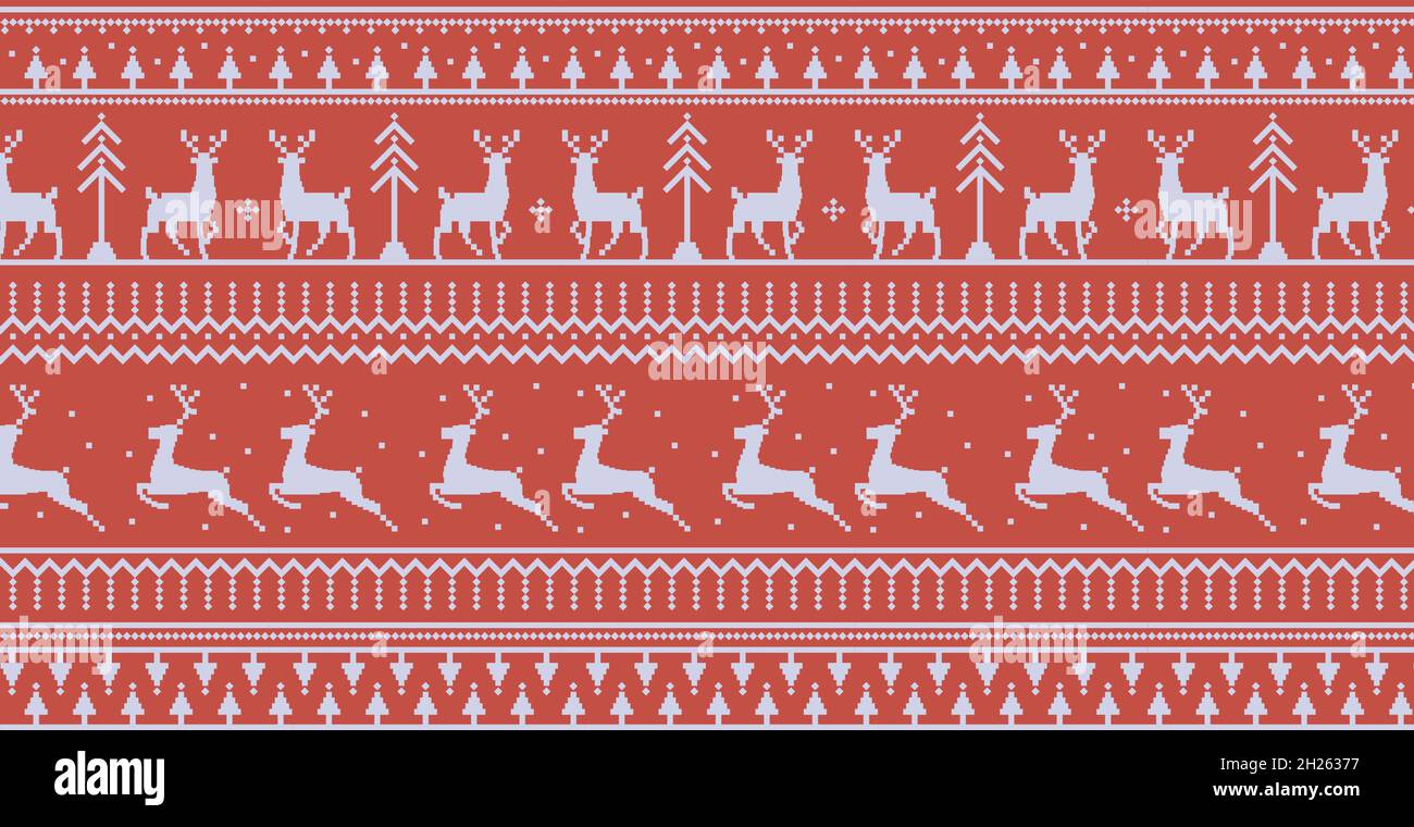 Christmas red panoramic background with drawings of deer and patterns ...