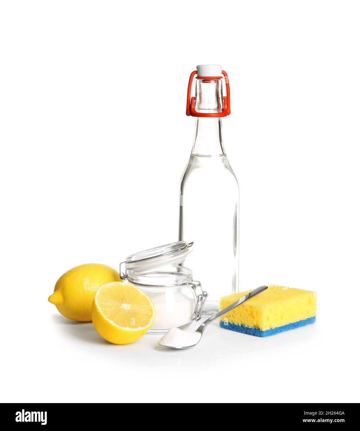 Composition with vinegar, lemons and baking soda on white background ...