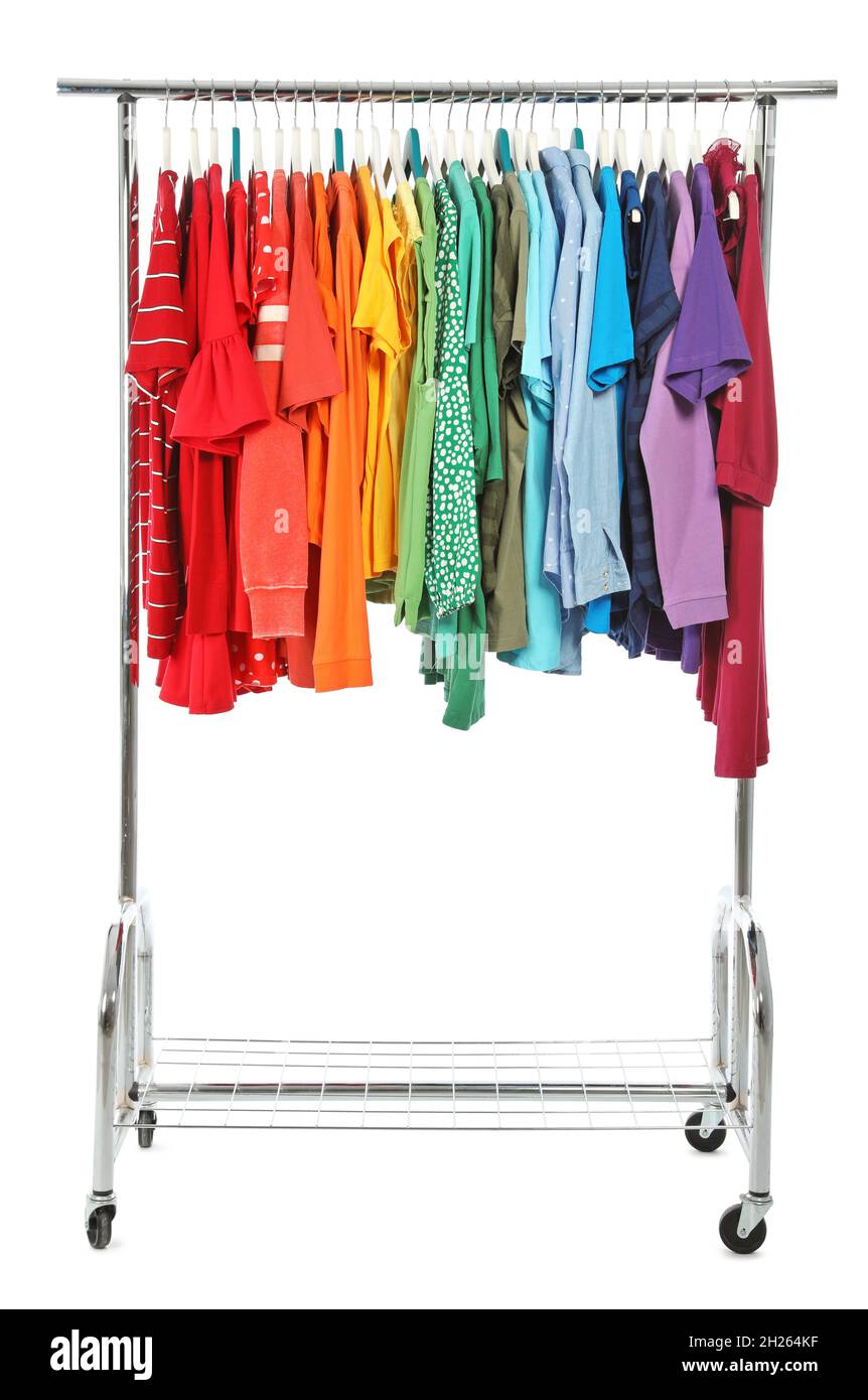 Wardrobe rack with different colorful clothes on white background Stock ...