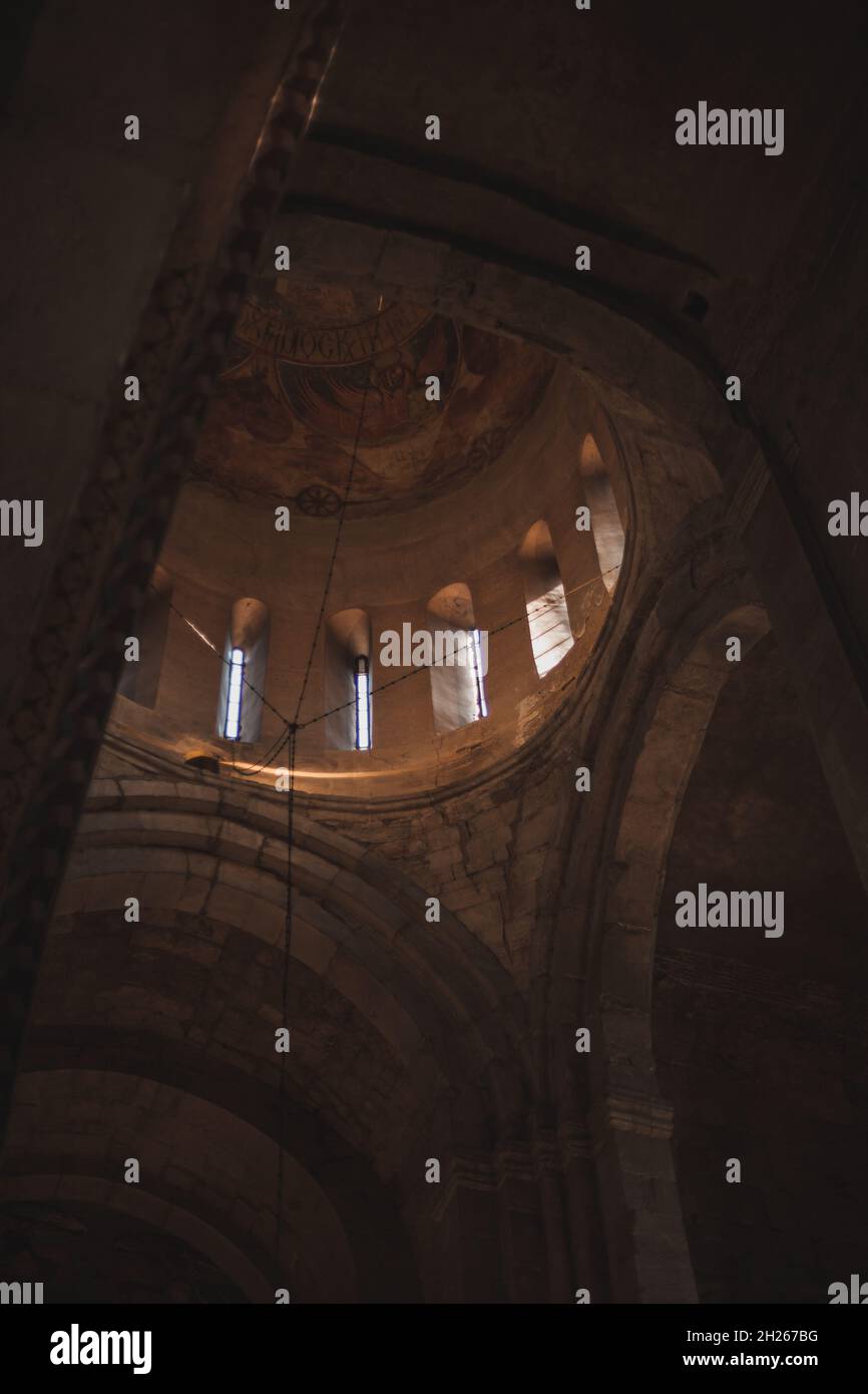 Interior of an ancient Christian cathedral in Georgia. Old orthodox ...