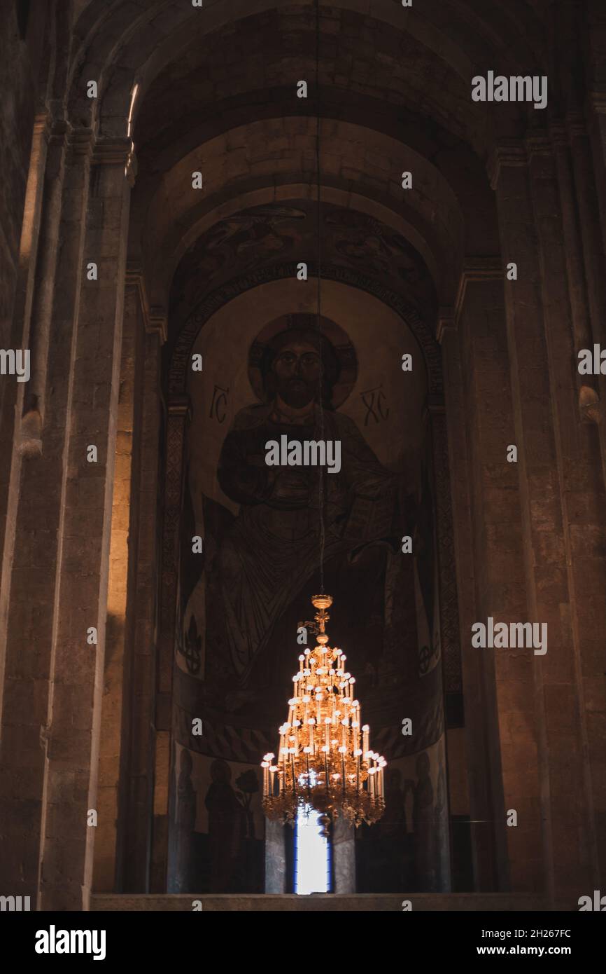 Interior of an ancient Christian cathedral in Georgia. Old orthodox ...
