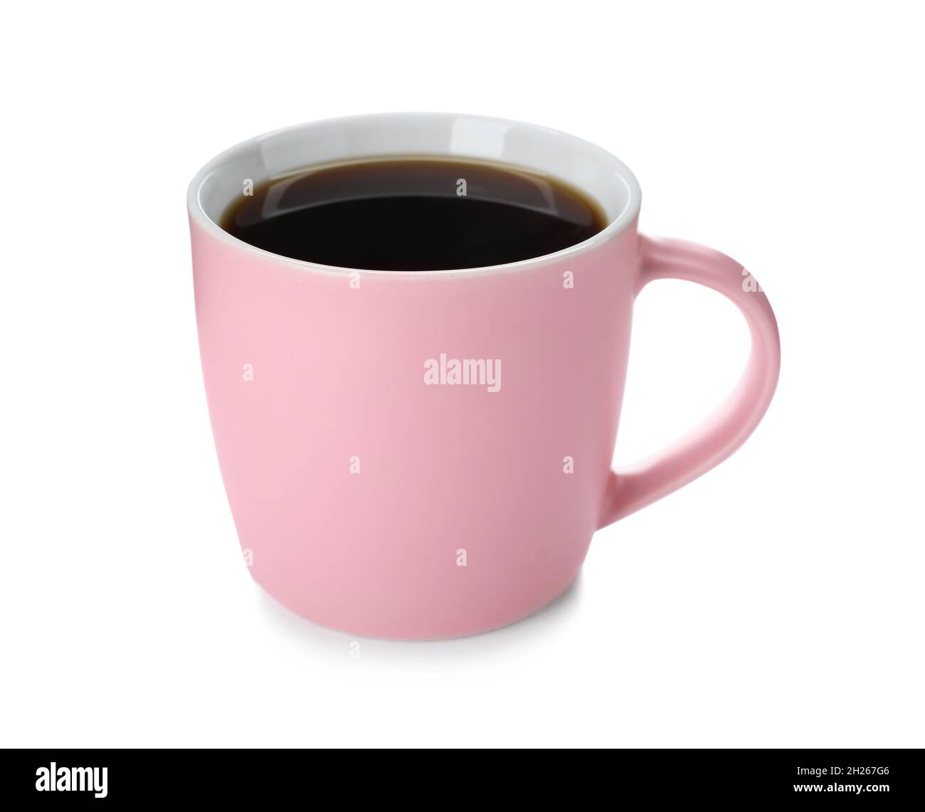 Pink ceramic cup with hot aromatic coffee on white background Stock ...