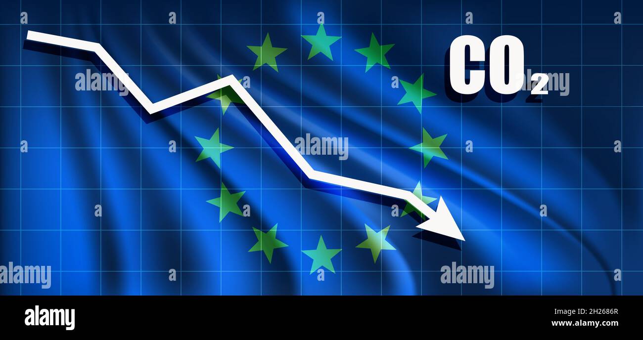 EU reducing co2 carbon dioxide emission graph down european union flag ...