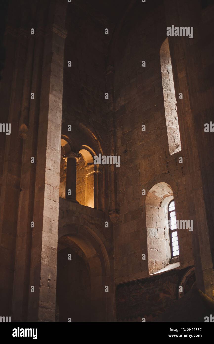 Interior of an ancient Christian cathedral in Georgia. Old orthodox ...