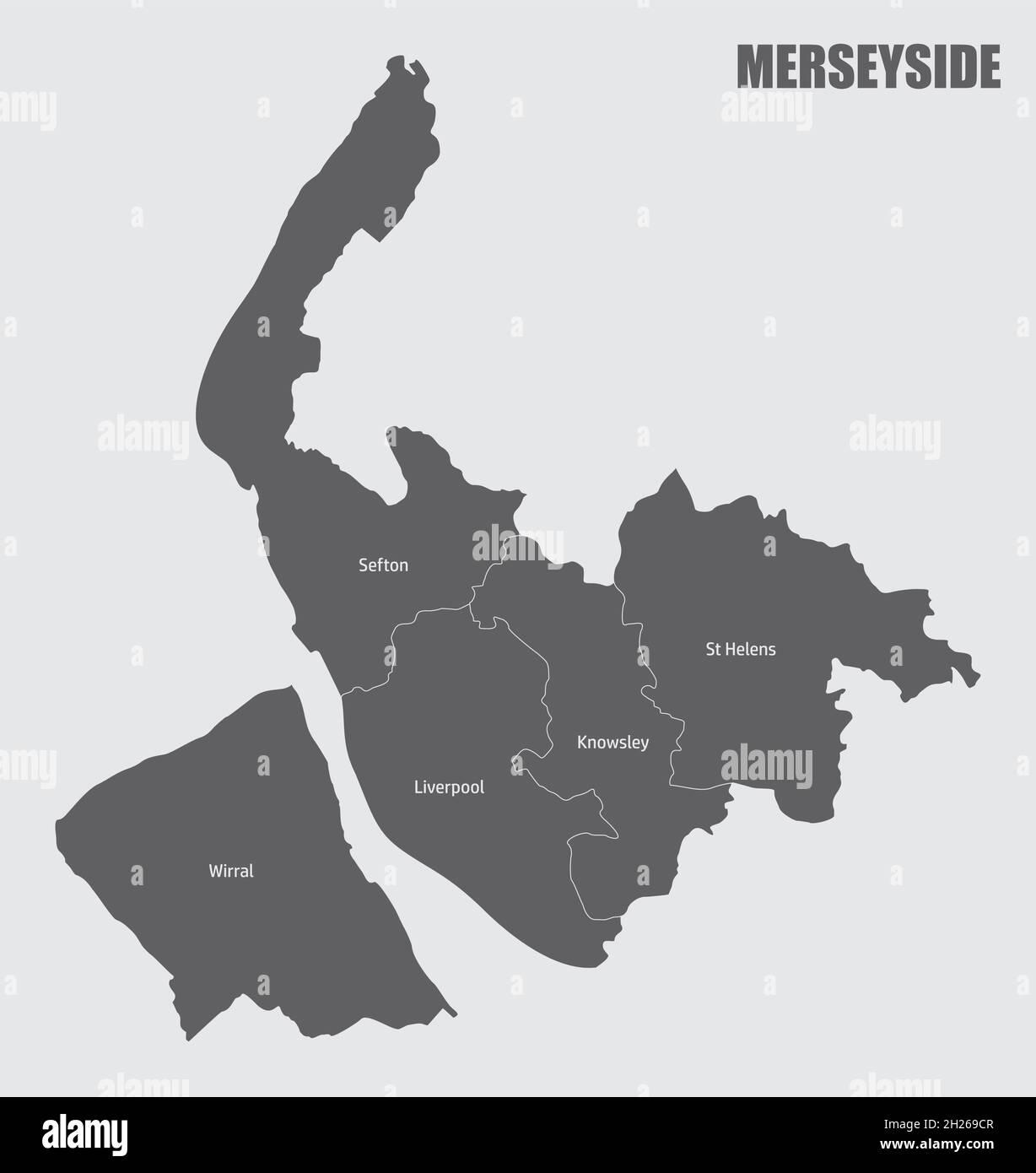 Merseyside county isolated map divided in districts with labels ...