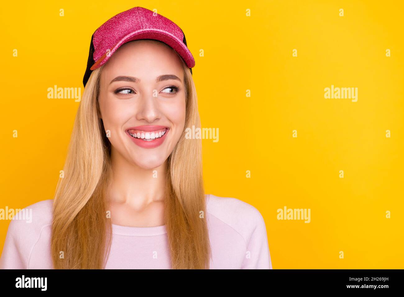 Photo of young cheerful girl happy positive smile curious look empty ...