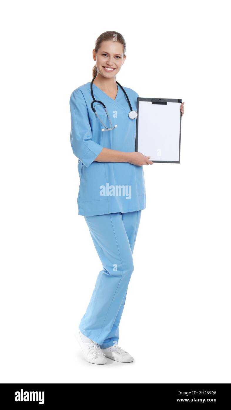 Full length portrait of young medical assistant with stethoscope and ...