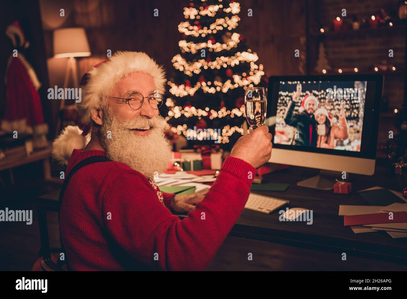 Photo of pretty funky mature man dressed santa costume talking modern ...