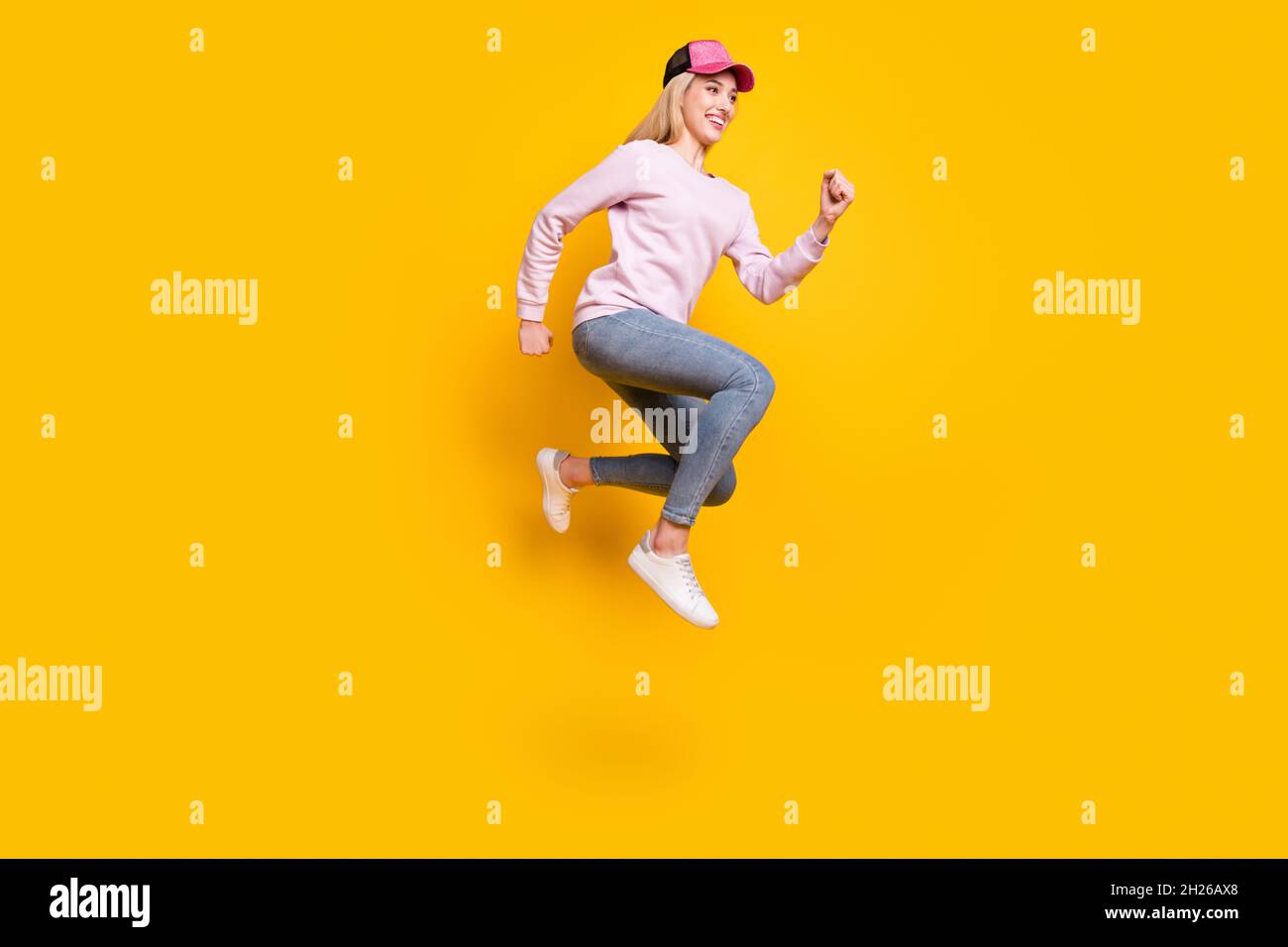 Full size profile side photo of young cheerful girl happy positive ...