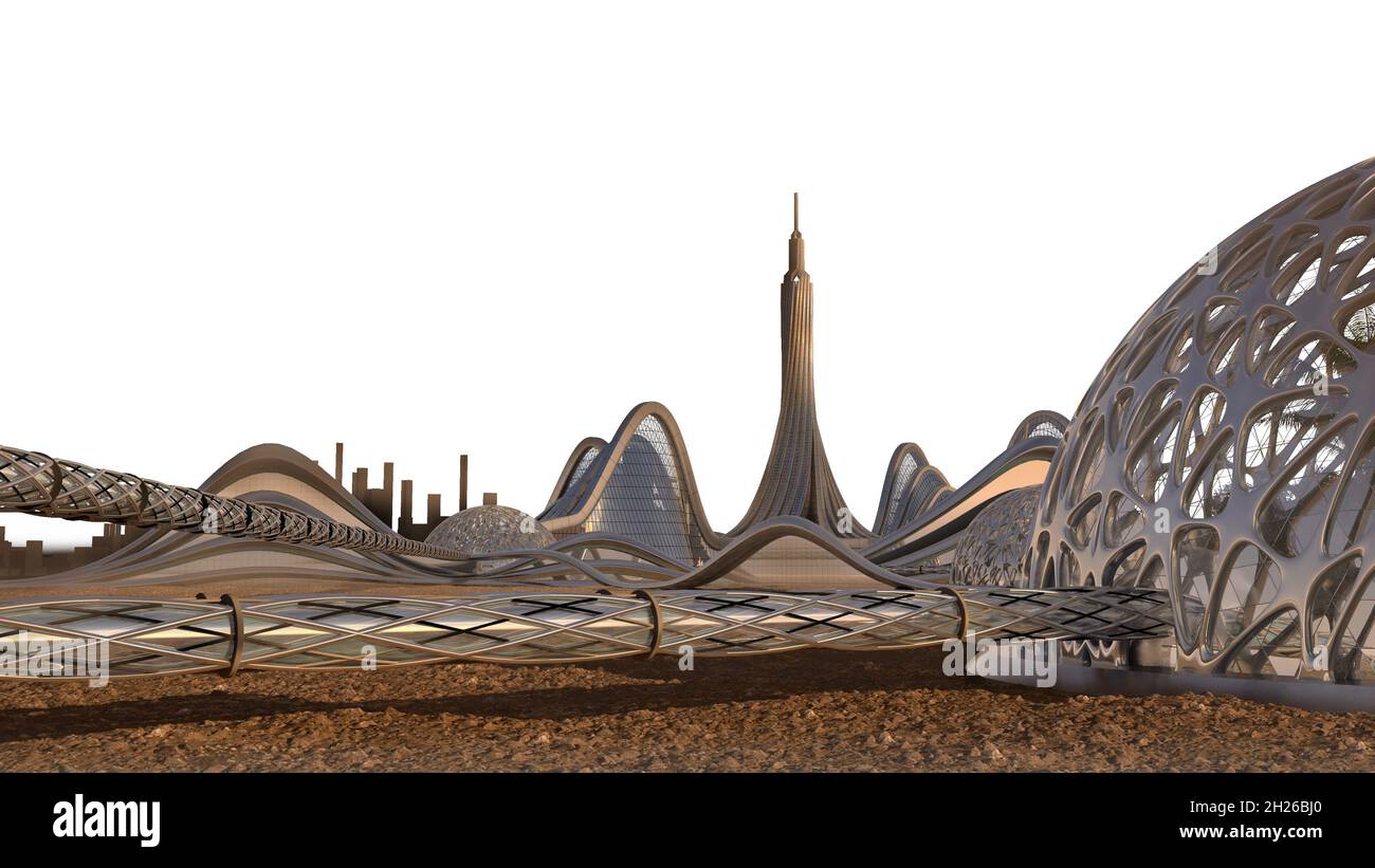 3D Rendering of a Mars base colony skyline with futuristic architecture ...