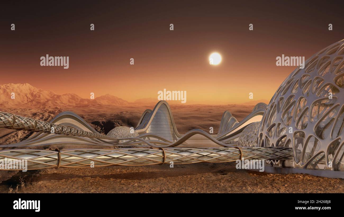 3D Illustration of a Mars outpost colony with structures, research ...