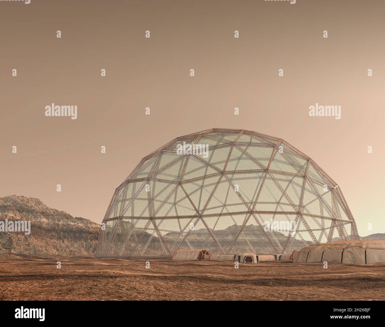 3D Illustration of a Mars outpost colony with a geodesic dome and entry ...