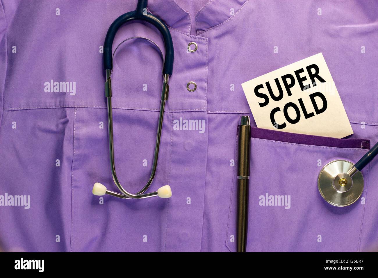 Super cold symbol. White card, words Super cold. Medical uniform ...