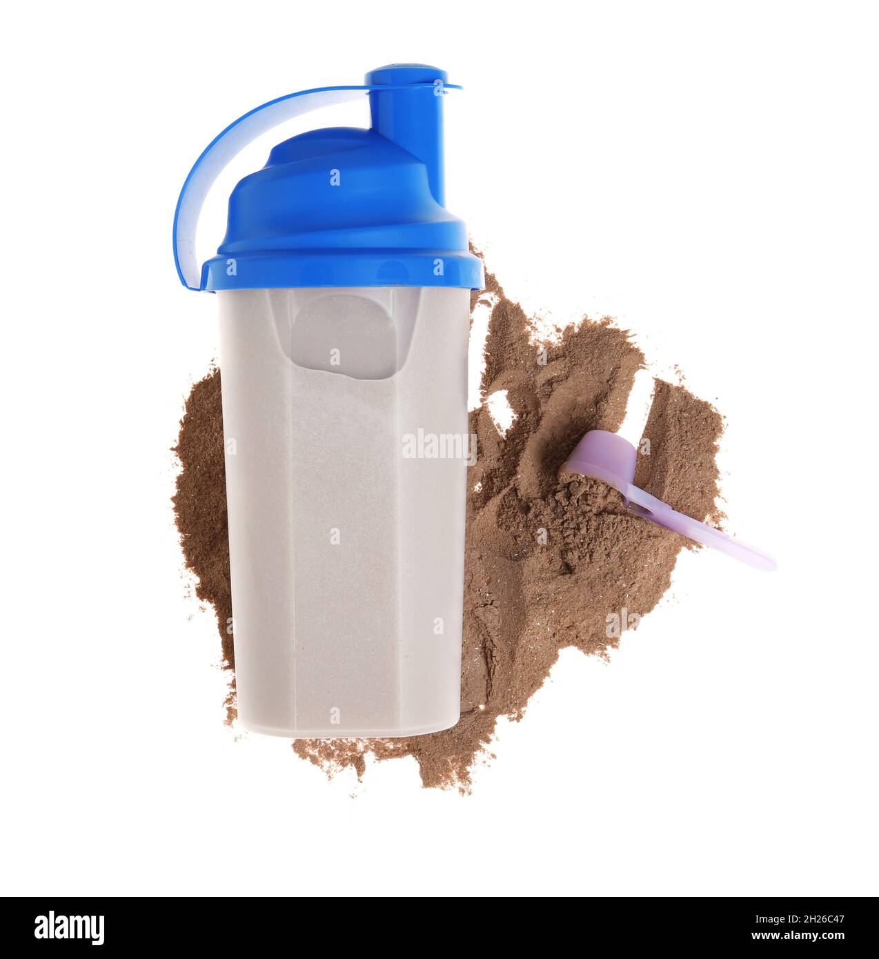 Protein shake in sport bottle and powder on white background, top view ...