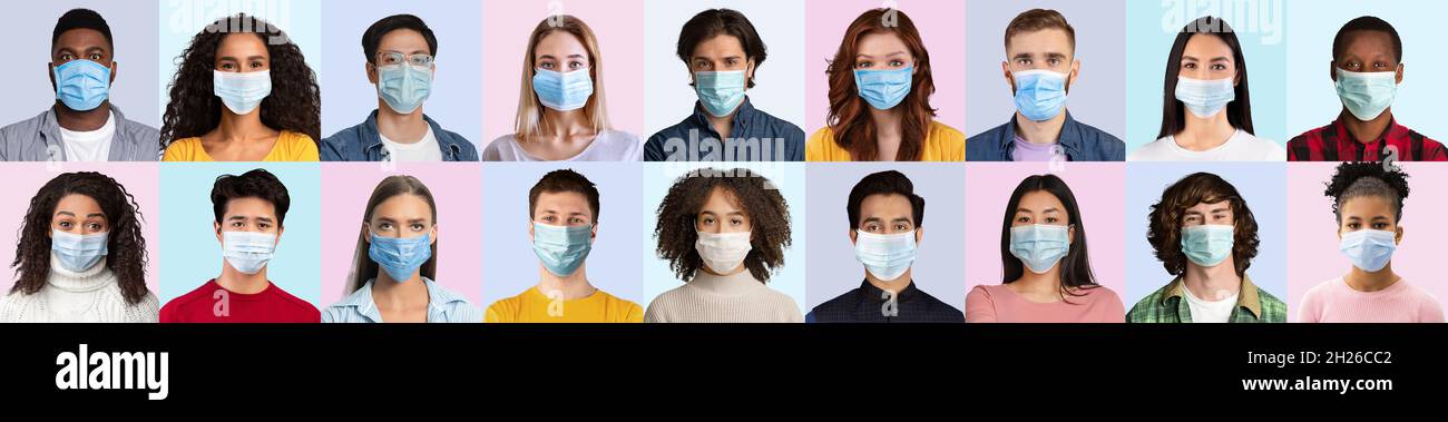 Portraits of multinational men and women wearing disposable medical ...