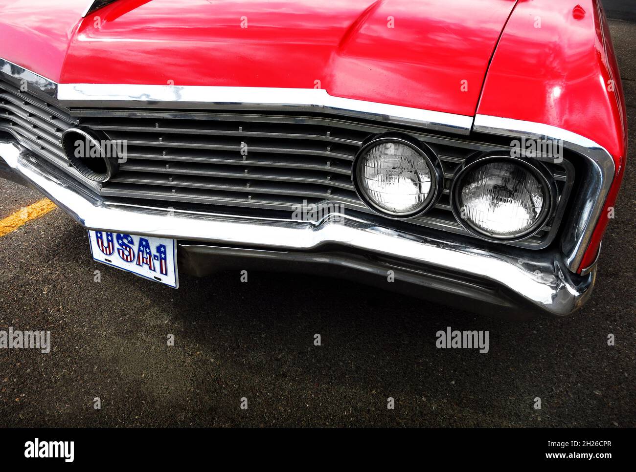 Red muscle car speedy fast with USA license plate ready to race on the ...