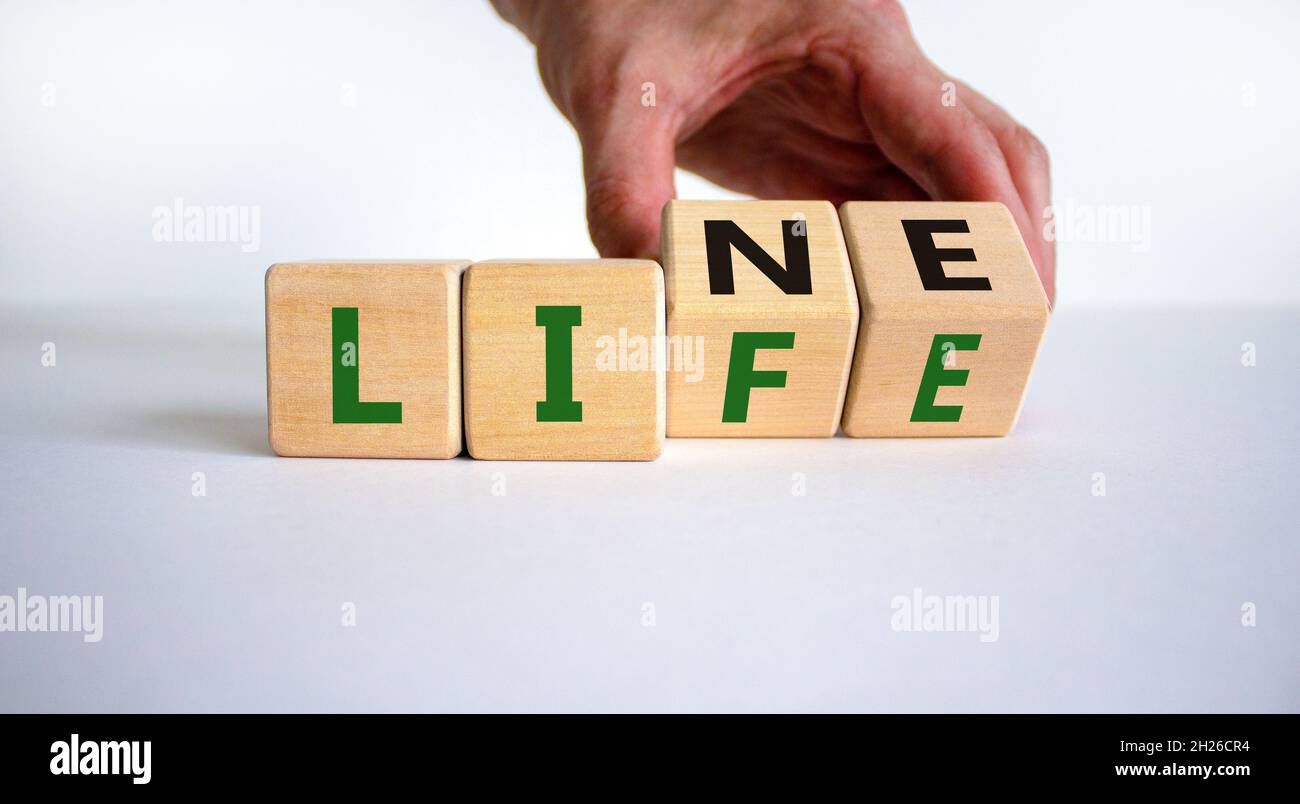 Lifeline, line of life symbol. Businessman hand turns cubes and changes ...