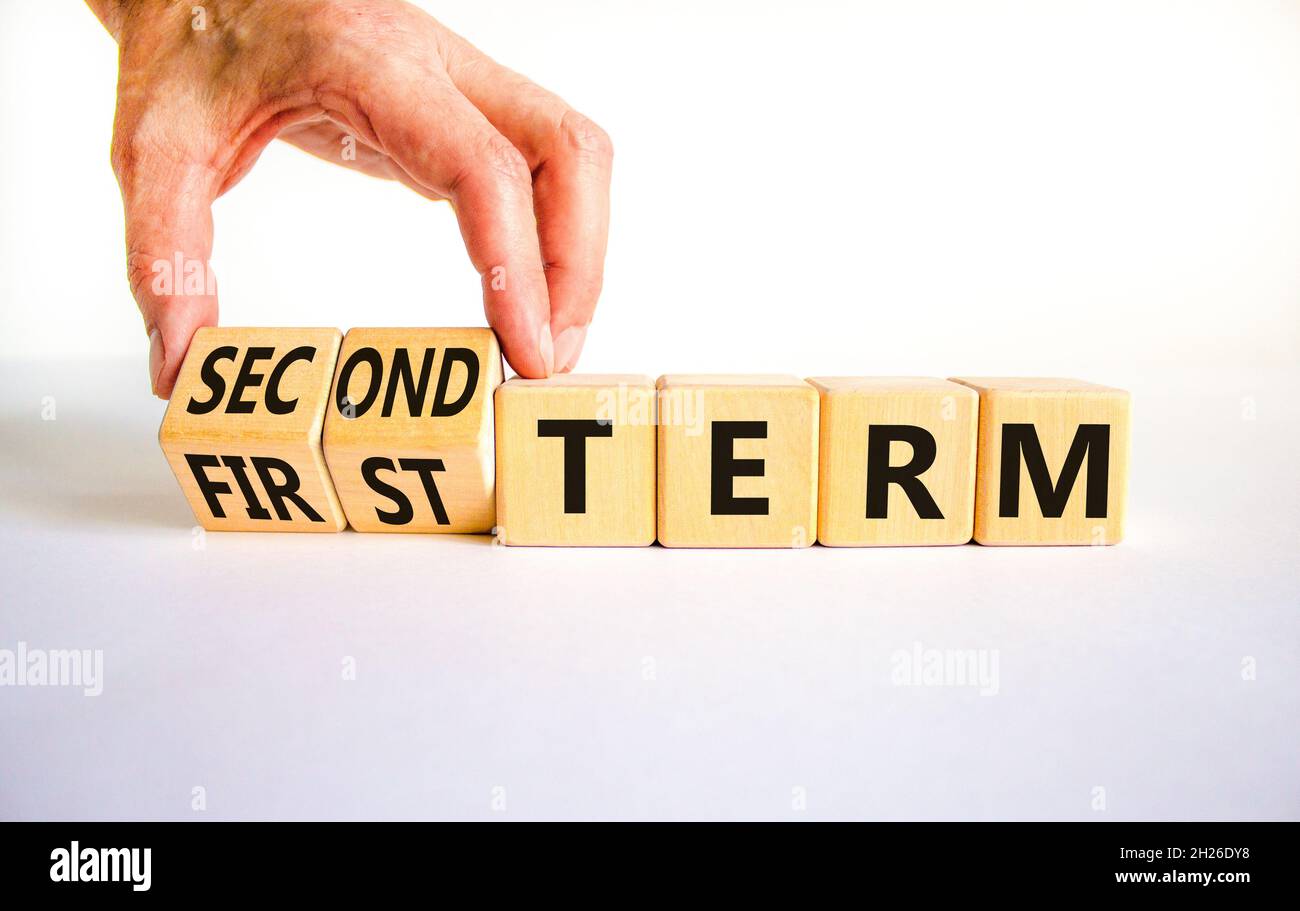 First or second term symbol. Businessman turns wooden cubes, changes ...