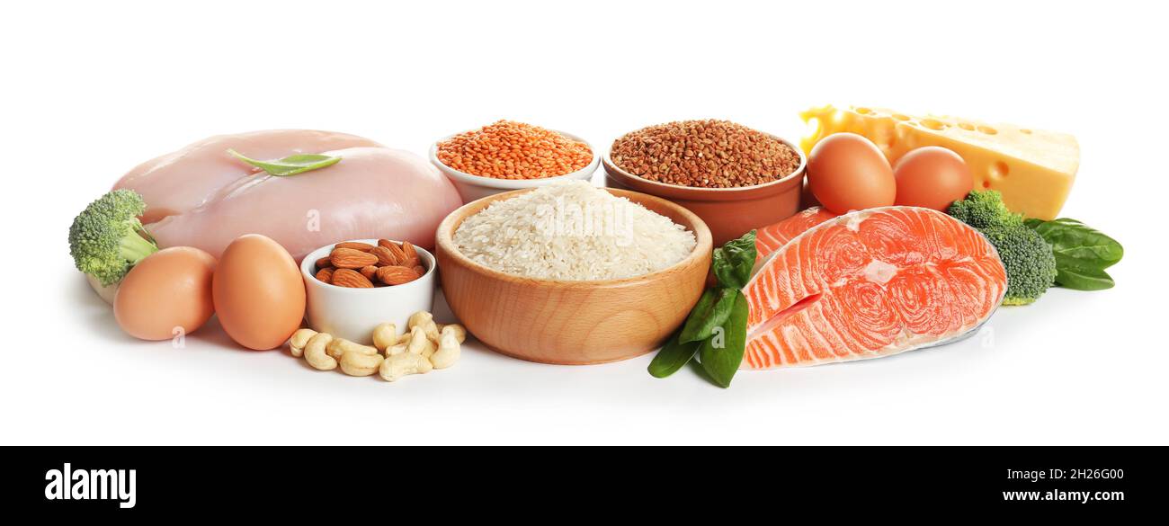 Set of natural food high in protein on white background Stock Photo - Alamy