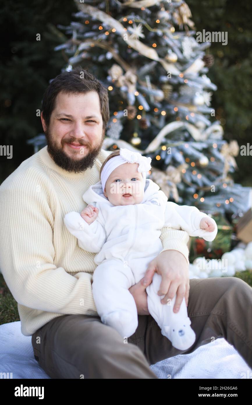 Portrait of american father and adorable baby daughter celebrating ...