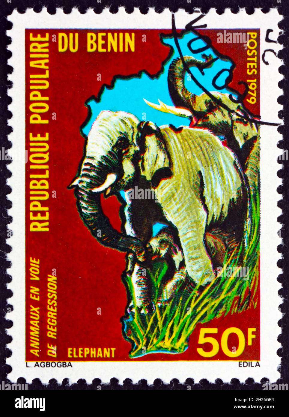 BENIN - CIRCA 1979: a stamp printed in Benin shows Elephants and Map of ...