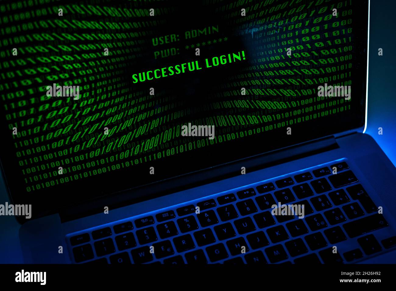 Laptop with green numbers on display. Successful login with credentials ...