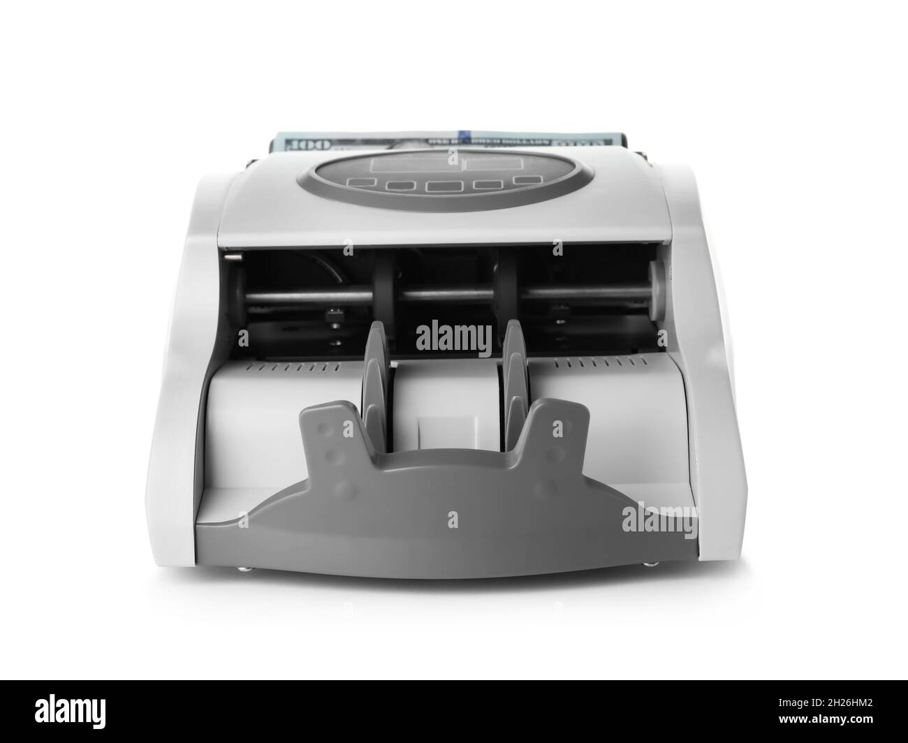 Modern electronic bill counter with money on white background Stock ...