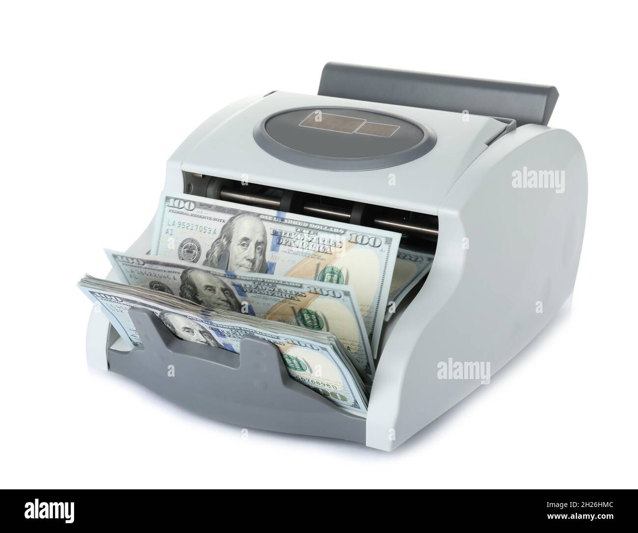 Modern electronic bill counter with money on white background Stock ...