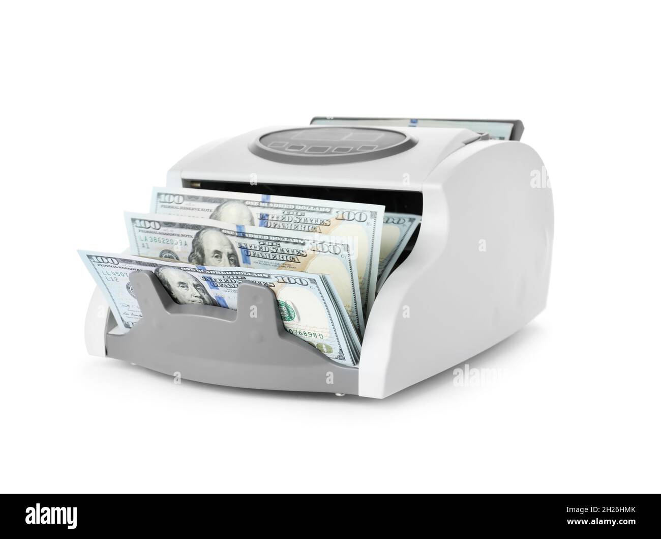 Modern electronic bill counter with money on white background Stock ...