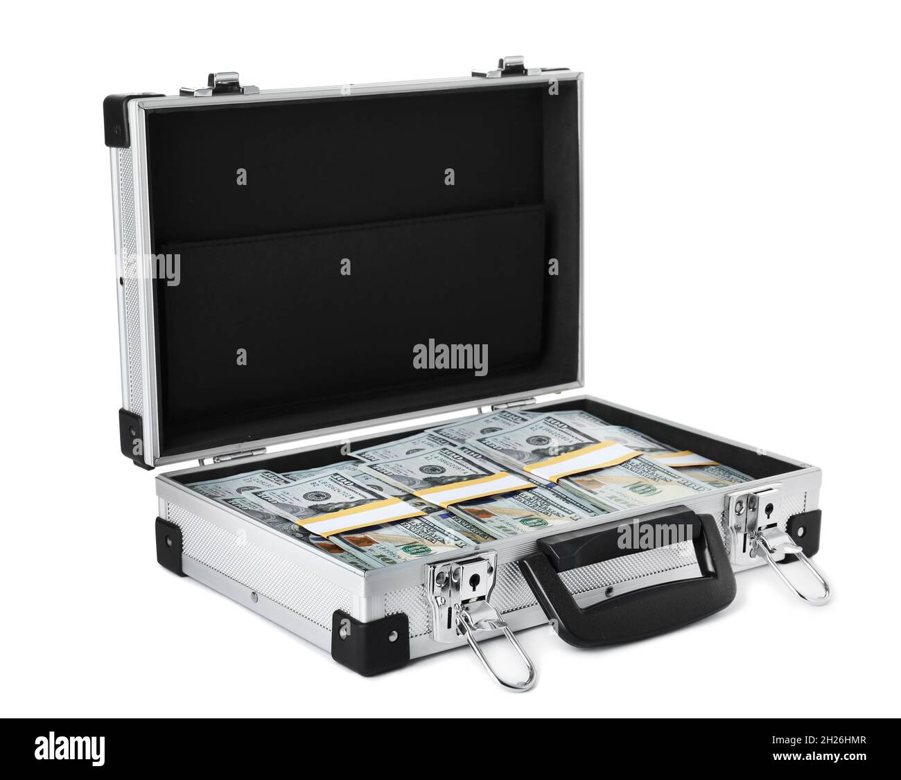 Open suitcase full of money on white background Stock Photo - Alamy
