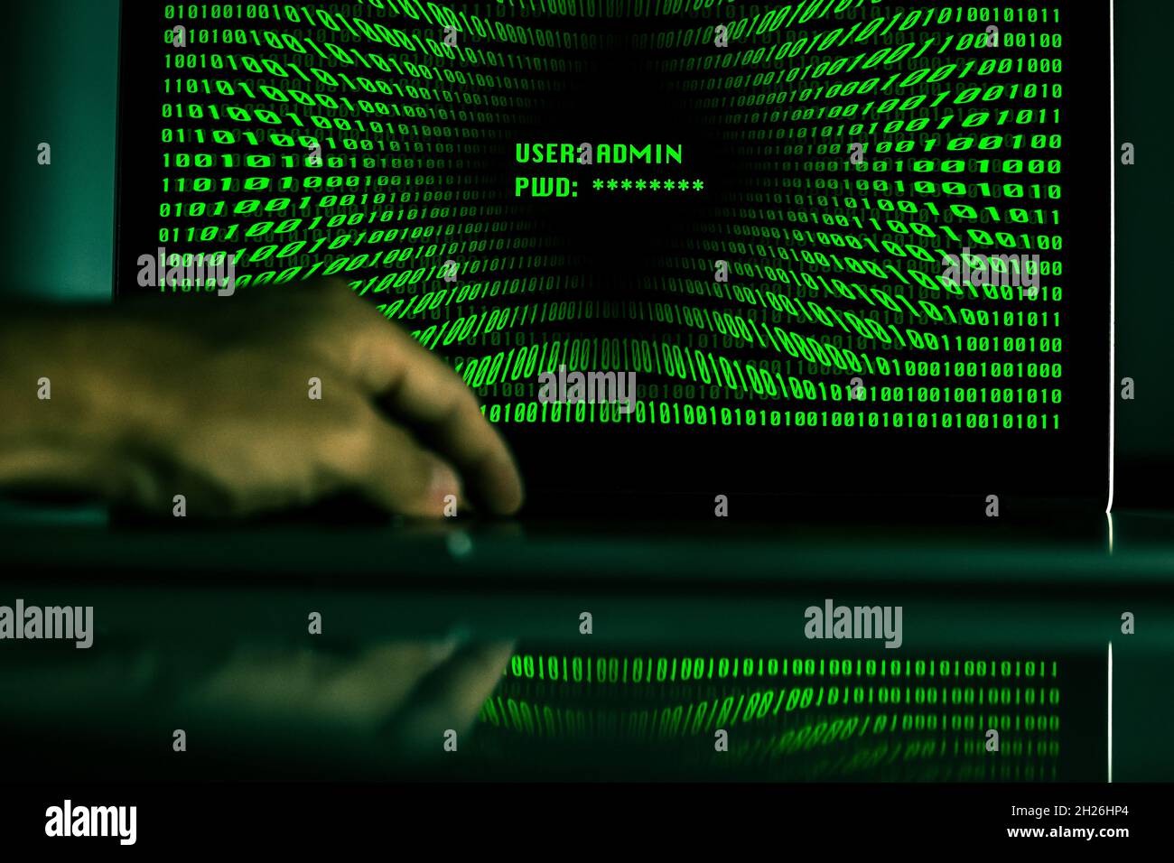 Hand typing on a laptop keyboard green numbers on display. Successful ...