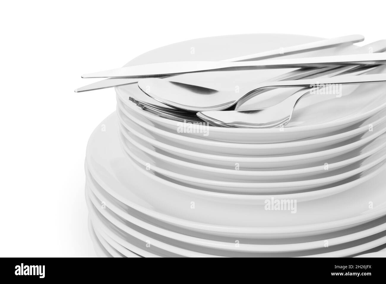 Set of clean tableware on white background, closeup. Washing dishes ...
