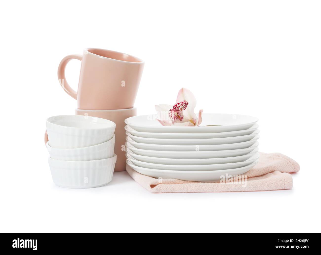 Set of clean tableware on white background. Washing dishes Stock Photo ...