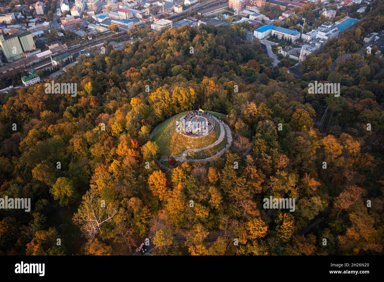 Aerial view on Union of Lublin Mound in High Castle Mountain in Lviv ...