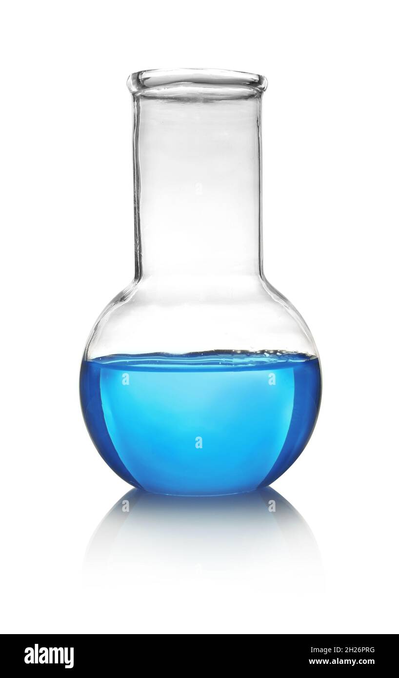 Flask with liquid on table against white background. Laboratory ...