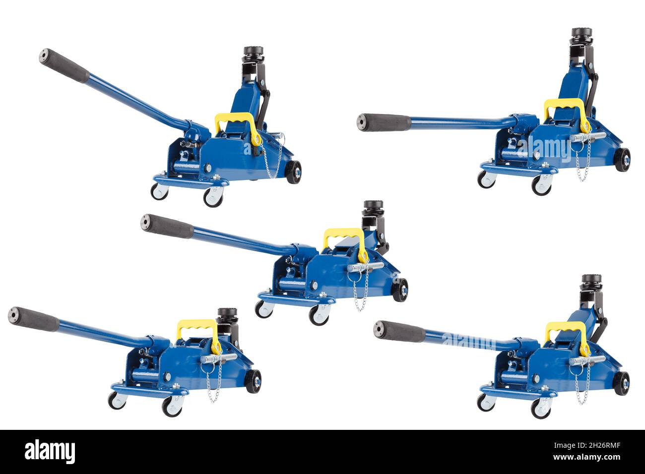 set of isolated blue hydraulic car jacks on white background raised in ...