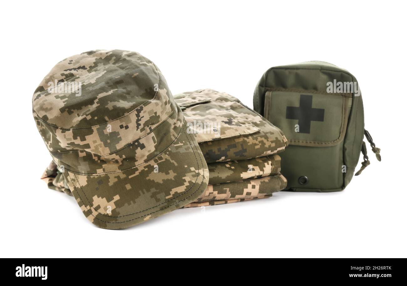 Military clothes and first-aid kit on white background Stock Photo - Alamy