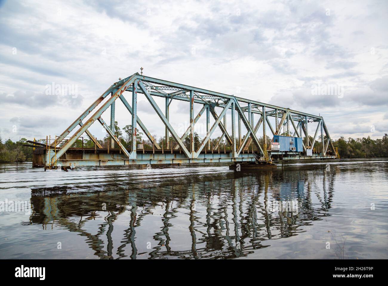 Old CSX railroad through truss swing bridge over the Blackwater river ...